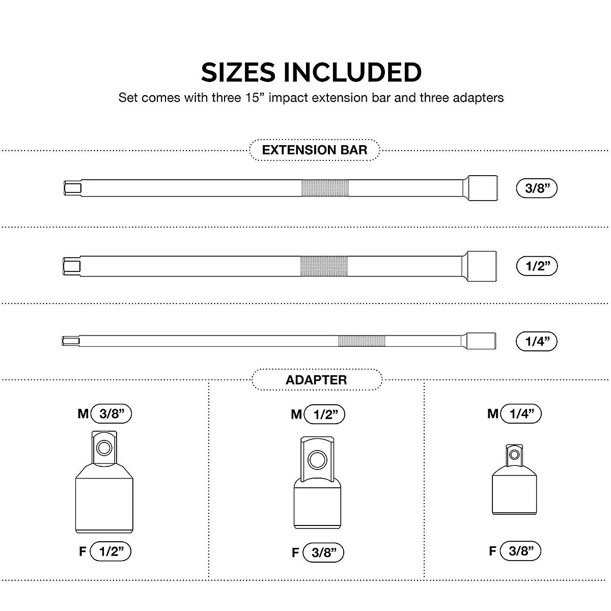 NEIKO 00258A 15” Long Impact Extension Set and Impact Socket Adapter Set, 1/4", 3/8”, 1/2” Drive Extensions and Socket Adapters, 6 Pieces Total (3 Piece Each), Chrome Vanadium Cr-V Steel