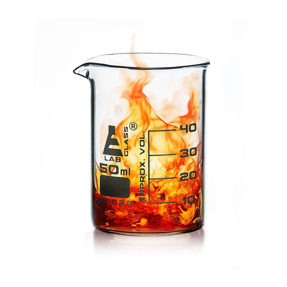 EISCO Beaker, 50ml - Low Form with Spout - White, 10ml Graduations - Borosilicate 3.3 Glass