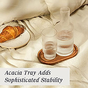 Bedside Water Carafe Set with Glass Drinking Cup and Acacia Wood Tray for Nightstand - Large 27 ounce Capacity Makes Staying Hydrated Easy