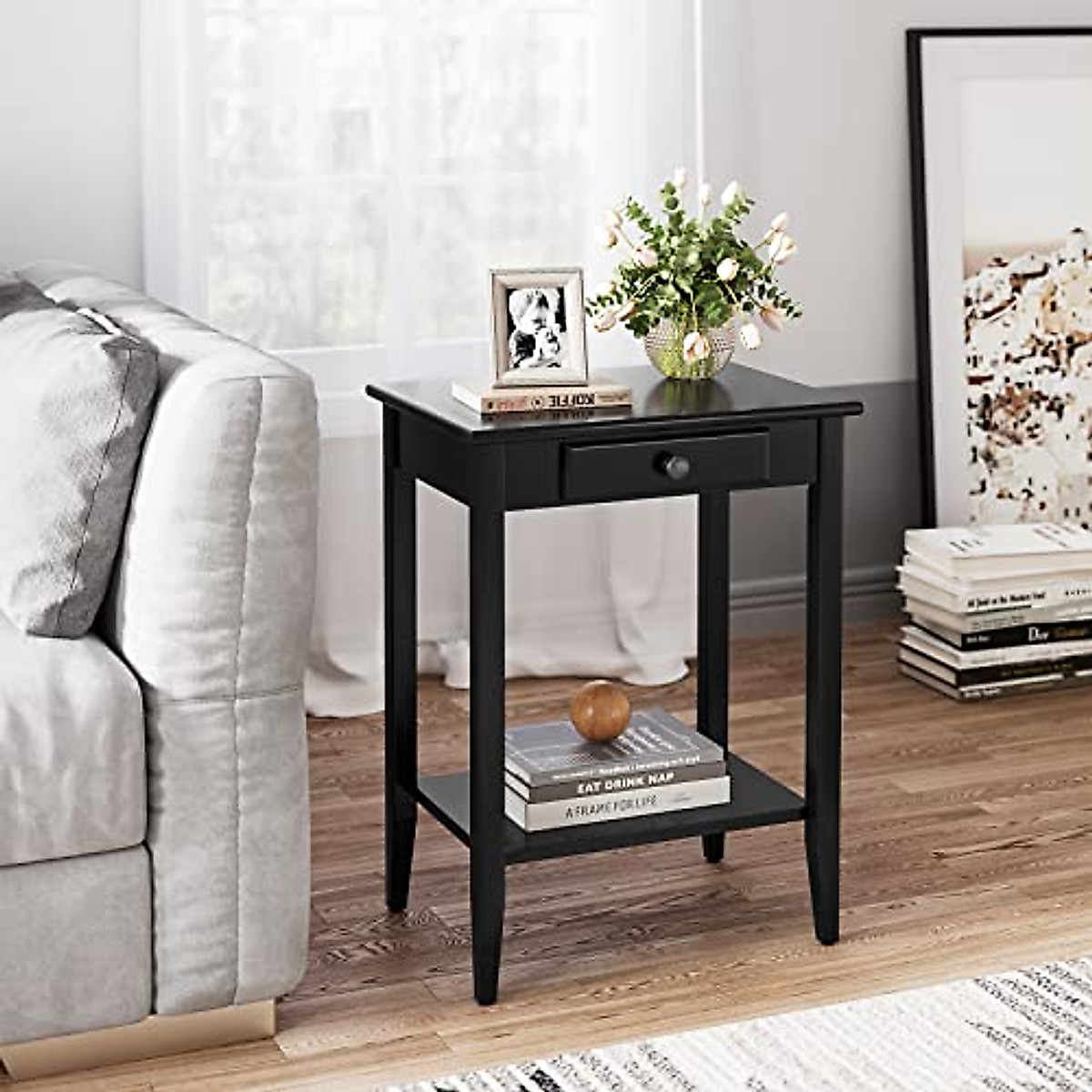 IDEALHOUSE Black End Table with Drawer, Side Table for Living Room Bedroom, Wood Nightstand with Shelf, 2-Tier Storage Bedside Table Accent Table Small Table for Small Places