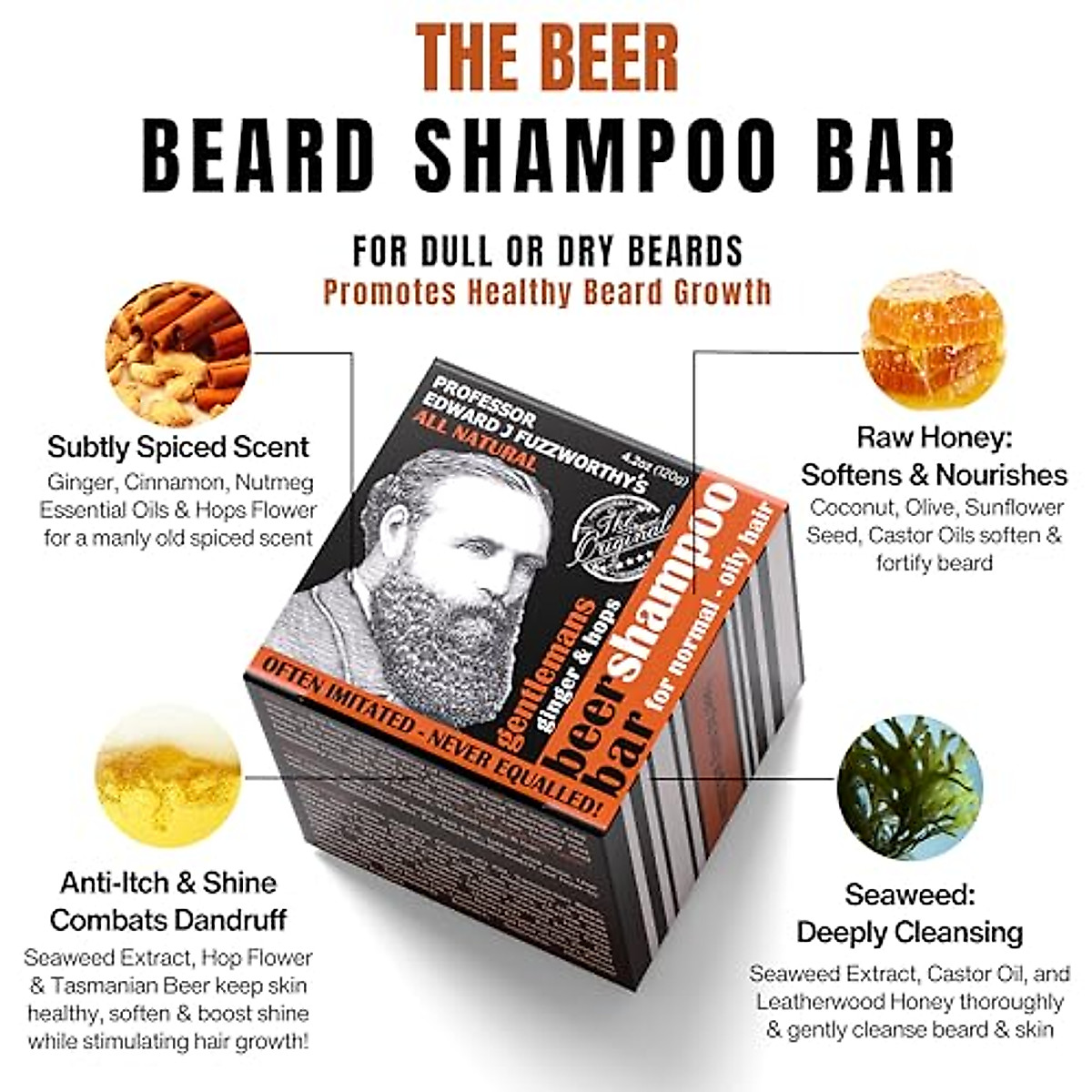 Professor Fuzzworthy's Gentlemans BEER Beard Hair SHAMPOO Bar for Normal, Dry, Oily Hair | SCENTED with All Natural Oils From Tasmania Australia - 4.2 oz