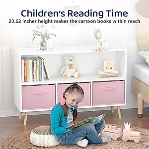 AOPNOMU Kids Bookcase and Bookshelf, Multi Shelf Cubby with 3 Collapsible Fabric Drawers, Children's Book and Toy Display Rack, Toy Storage Organizer for Bedroom, Playroom, Hallway, White + Pink