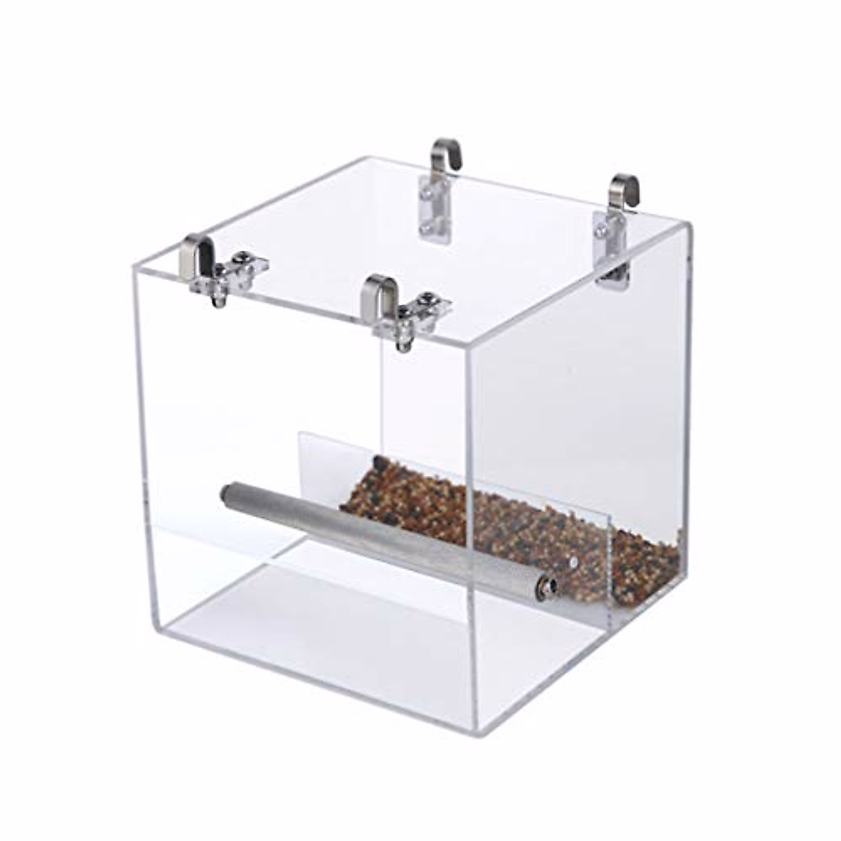 Baluue Automatic Bird Feeder No Mess Bird Cage Feeder, Acrylic Bird Cage Feeder Hanging Bird Feeder with Hooks 6.2 inch Square Bird Feeder