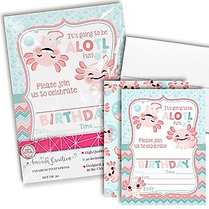 Amanda Creation Axolotl Birthday Party Invitations, 20 5x7 Fill-In Cards with Twenty White Envelopes