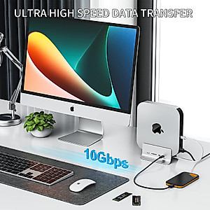 Minisopuru Mac Mini Dock Support M.2 NVMe/SATA SSD, 5 in 1 USB C Hub for Mac Mini, Mac Mini Hub Stand & Docking Station Mac Mini Accessories with 2 USB C 10Gbps Data, TF& SD, M.2 SSD(Not Included)
