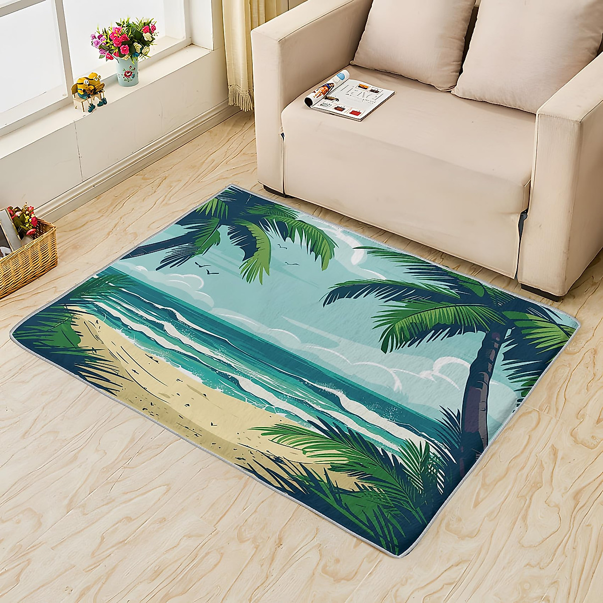 Kcepzhyxl Tropical Ocean Area Rug 2x3, Beach Rug Small Indoor Mats, Palm Trees Carpet for Entryway, Non Slip Soft Low Pile Machine Washable Decor Rugs