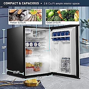 E-Macht 2.6 Cu.Ft. Mini Fridge with Freezer, Single Door Compact Refrigerator,Removable Glass Shelves, Reversible Door, Small Refrigerator for Apartment, Office, Dorm