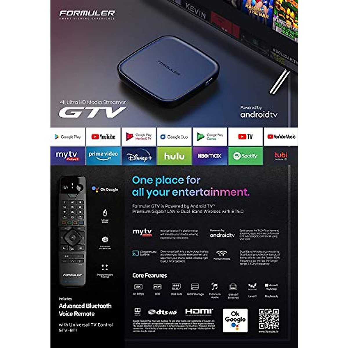 Formuler GTV 4K Ultra HD Media Streaming Box with Free 3in One Charger + Universal Formular-Samsung-LG Remote
