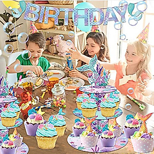 25Pcs Mermaid Cupcake Stand Mermaid Cupcake Toppers and Wrappers 3 Tier Cupcake Stand Holder Mermaid Dessert Table Cake Decor for Wedding, Showers, Birthdays Party Decoraton Supplies