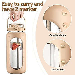 BLUEGO 56oz Glass Water Bottles with Straw Time Marker Half Gallon Large Motivational Water Bottle with Silicone Sleeve 2 Liter Large Glass Water Jug for Gym, Sports& Workout, Amber