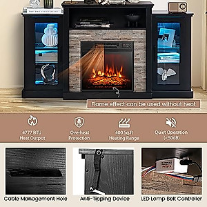 Tangkula Electric Fireplace TV Stand, Electric Fireplace Mantel with 16-Color Led Lights, Adjustable Glass Shelves, Remote & Smart APP Control, TV Console for Living Room (Black)