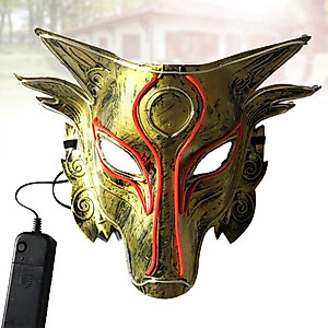 Amosfun Halloween Wolf LED Mask Wolf Head Light Up Mask Animal Costume Mask Halloween Cosplay Face Cover (Without Battery) Gold