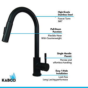KABCO K-K477BK Kitchen Faucet Stainless Steel Pull Down 2-Function Spray Faucet Height 16-1/2" Spout Height 8-1/2" Spout Reach 9" Matte Black