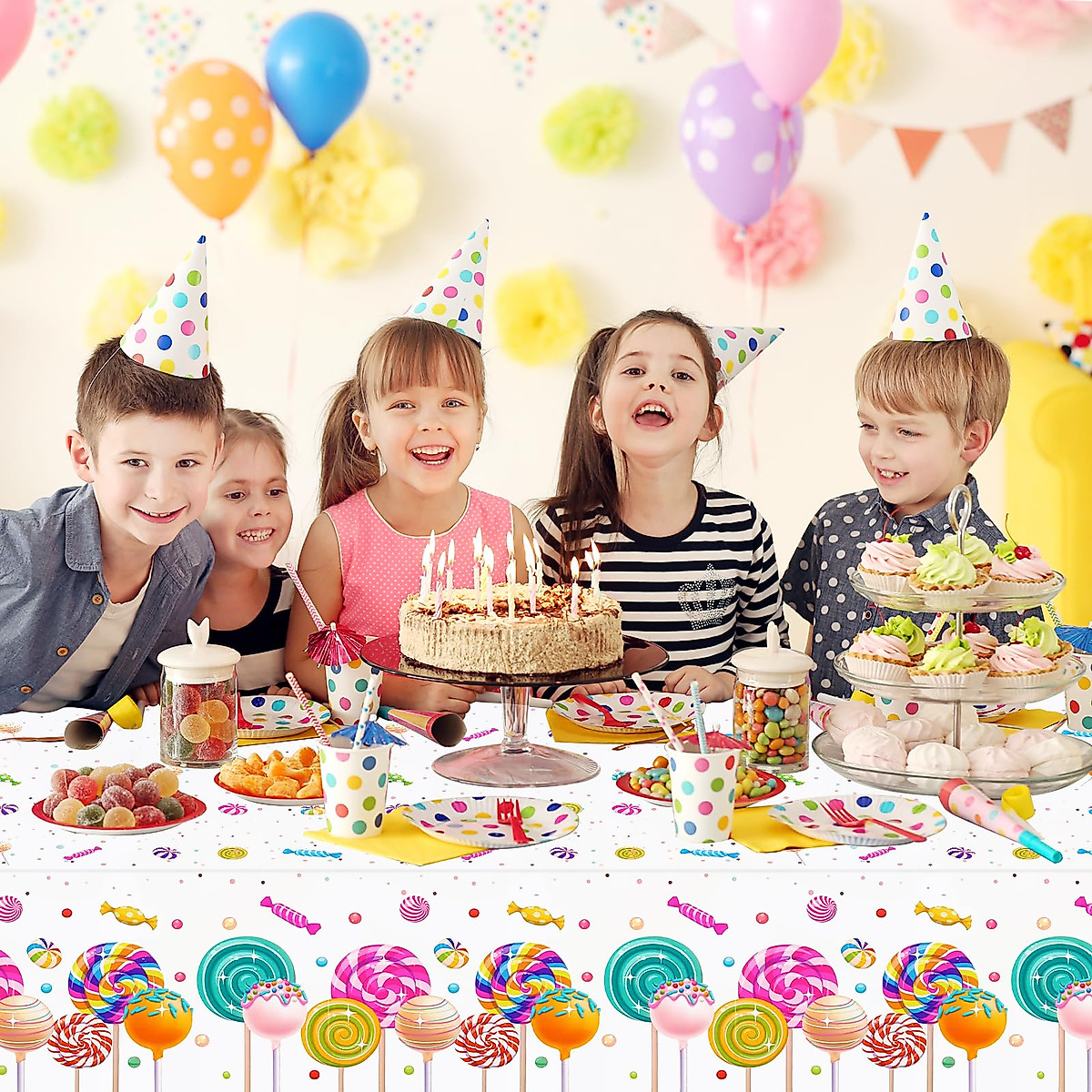 PHOGARY Sweet Candyland Tablecloth, 3 Pack Candies Theme Plastic Table Cover, Two Sweet Birthday Table Cloths Colorful Lollipop Tablecovers for Girls Party Candy Land Christmas Party Decoration