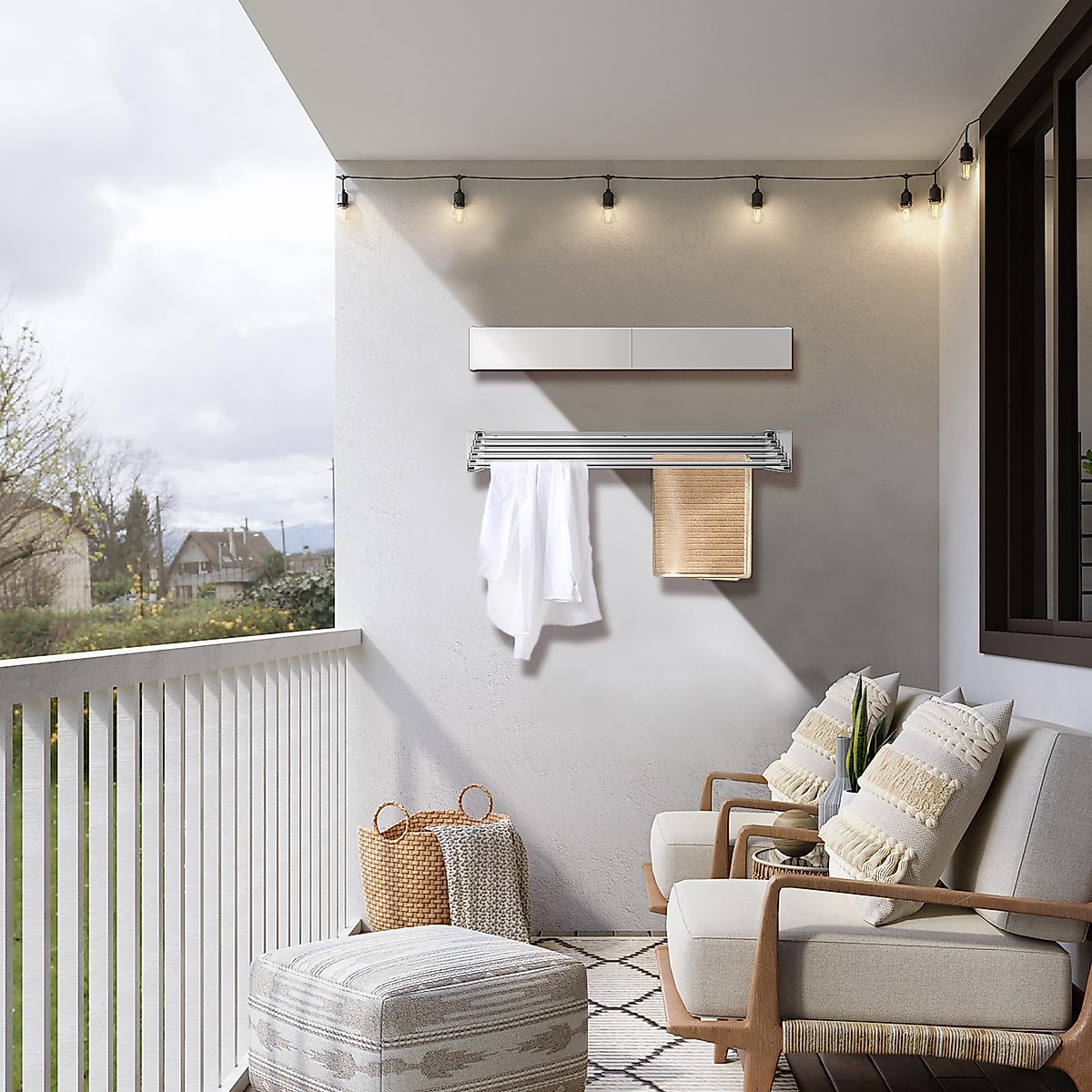 Rove Home Space Saving Wall Mounted Clothes Drying Rack | Retractable Wall Hanger Towel Holder | 5 Aluminum Rods, 40lb Capacity for Laundry Bathroom with Wall Template (32 Inches)