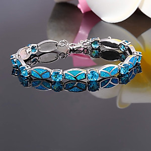 CiNily Created Blue Fire Opal Aquamarine Rhodium Plated for Women Jewelry Gems Chain Bracelet