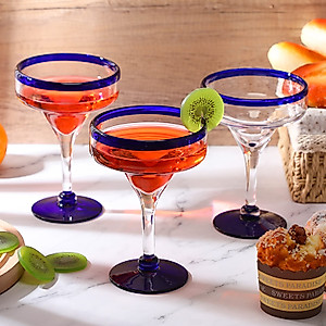 Margarita Glasses Set of 6 Hand Blown Glasses with Cobalt Blue Rim 14 oz Margarita Glasses for Cocktail Champagne Martini Glasses, Dishwasher Safe