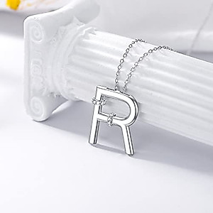 Natural Diamond Initial Necklace 14K White Gold Plated A-Z Letter R Alphabet Pendant 925 Sterling Silver Jewelry Gift for Women Wife Mom Girl (R)