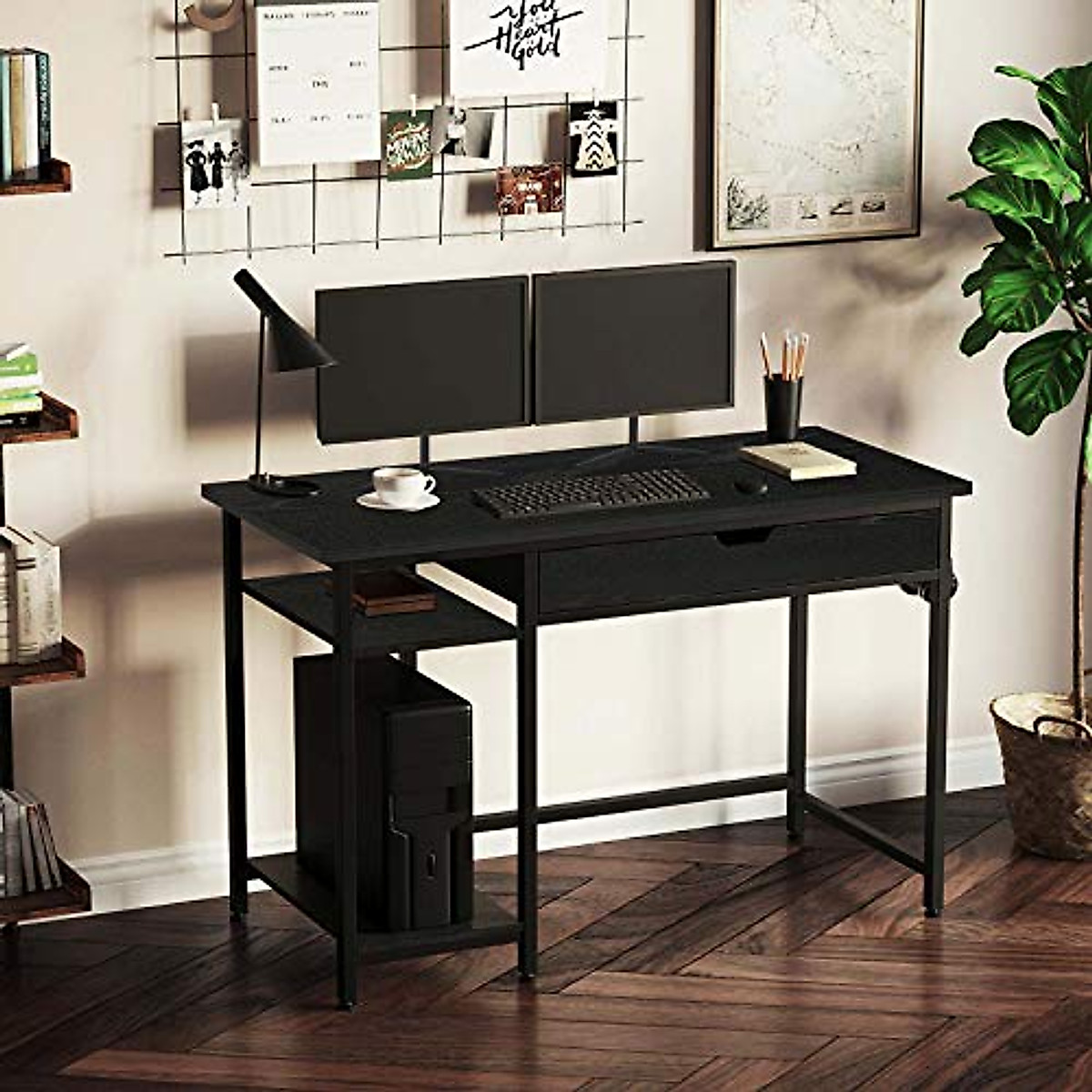 Rolanstar Computer Desk with Shelves and Drawer, 39" Home Office Writing Desk, Laptop Study Table Workstation,Business Style, Stable Metal Frame, Black