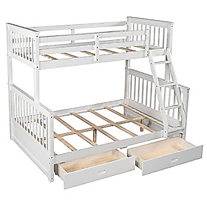 TRIPLE TREE Twin Over Full Bunk Bed with Ladder, Two Storage Drawers and Safety Guardrails, Solid Wood Bunk Beds Wooden Bed Frame for Teens, Adults, Can be Separate into 2 Single Beds, White