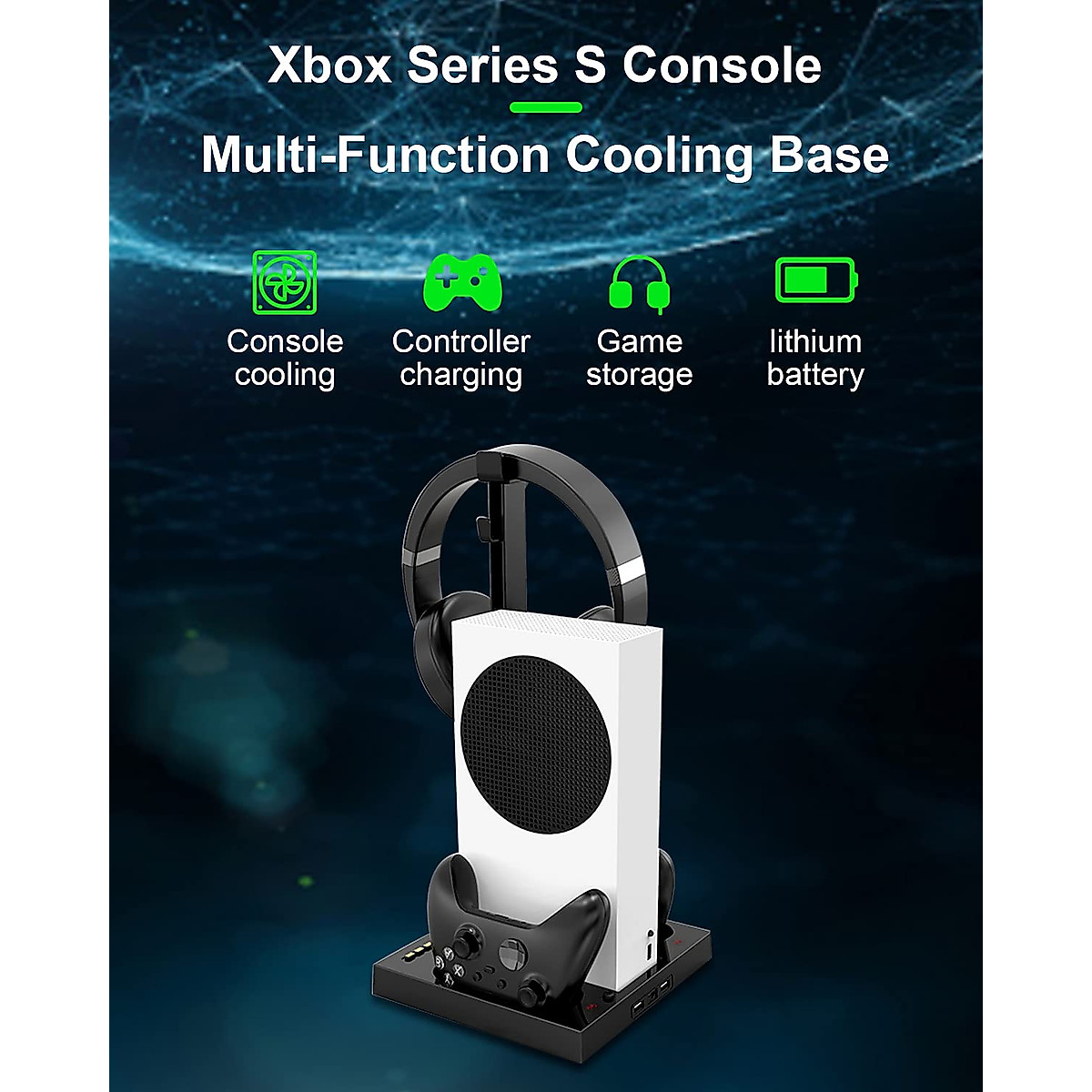 Joso Cooling Fan Vertical Stand for Xbox Series S, with Dual Controller Charging Station, Headset Stand, 1400mAh Rechargeable Battery Pack - Black