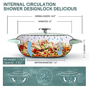 M-COOKER 3.8 Quart Enameled Cast Iron Braiser Pan with Lid，Covered Cast Iron Casserole Dish, Shallow Dutch Oven with Lid, Gift Idea for Family, Oven Safe (Mint green)