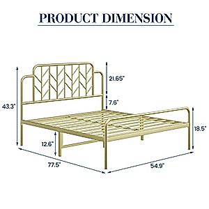 IDEALHOUSE Gold Full Size Platform Bed Frame with Headboard and Footboard, 12.6 Inches Metal Mattress Foundation for Storage, No Box Spring Needed, Easy Assembly, Modern Design, Branch