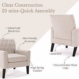 LUE BONA Linen Accent Chairs Set of 2 18.5" H, Comfy Living Room Chair with Arms, Upholstered Button Tufted Armchair, Modern Arm Chairs for Small Space, Living Room, Bedroom, Linen Color
