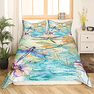 Feelyou Girls Dragonfly Bedding Set Floral Dragonfly Duvet Cover for Kids Boys Girls Ornamental Dragonfly Comforter Cover Botanical Bed Set 1 Duvet Cover with 2 Pillowcases Queen Size (No Comforter)