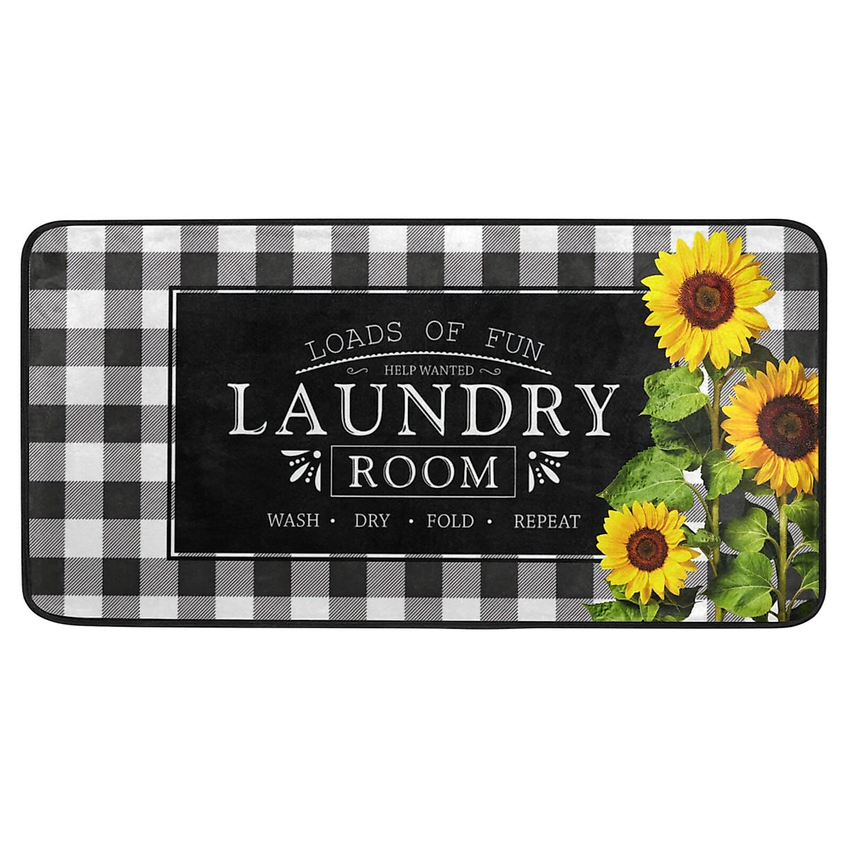 Black White Buffalo Plaid Laundry Room Rugs Sunflower Non Slip Laundry Mats Farmhouse Kitchen Floor Mat Bathroom Laundry Room Decor Accessories 39" X 20"
