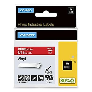 DYMO Industrial Labels for DYMO Industrial Rhino Label Makers, White on Red, 3/4", 1 Roll (1805422), DYMO Authentic
