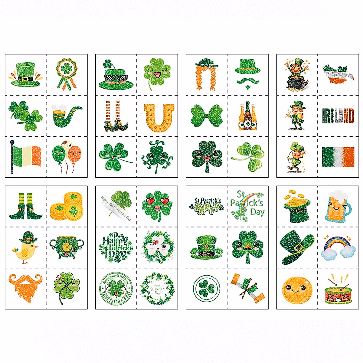 48pcs St Patricks Day Glitter Styles Temporary Tattoos,Clover Gold Coin Luck Hat Expression Tattoos Sticker St Patrick's Day Kiss Me I'm Irish Party | Holiday Party Accessories Arts and Crafts,8 sheet