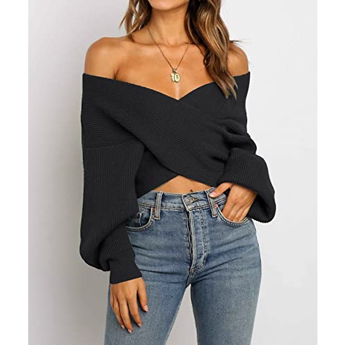 ZCSIA Women's Wrap V Neck Cropped Sweaters 2023 Fall Long Sleeve Cross Front Off Shoulder Solid Knitted Pullover Tops,Black,XLarge