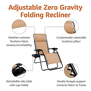 Amazon Basics Outdoor Textilene Adjustable Zero Gravity Folding Reclining Lounge Chair with Pillow, 26", Beige
