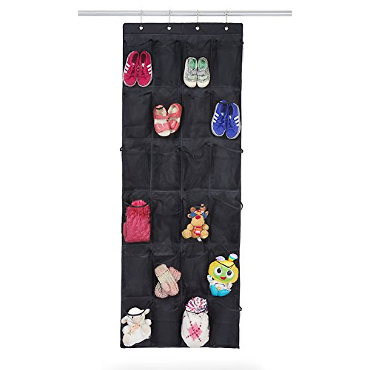 Bilpa Shoe Organizer, Over The Door Hanging Closet Rack | 24 Large Mesh Pockets Fit Up to Size 14 | Strong Metal Hooks | Sturdy Black Fabric Holder| Perfect Storage for Trainers, Boots, Sandals