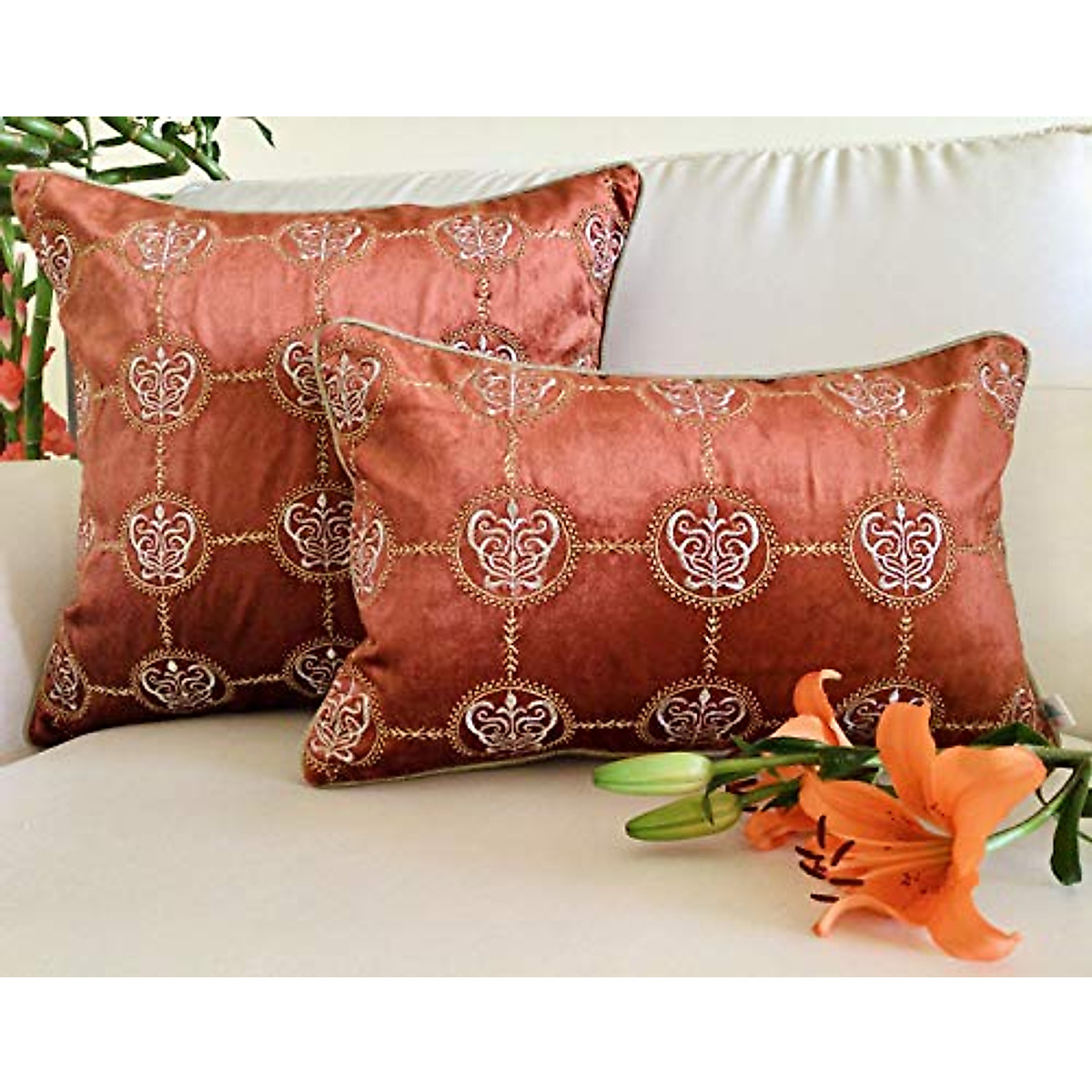 TARA- Sparkling Homes 18 x 18 inches Velvet Zari Embroidered Luxury Decorative Throw Pillow Cover 'Cleopatra' from The Royal Collection for Couch Living Room (Burnt Orange, 18 x 18 Inches)