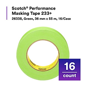 Scotch Performance Masking Tape 233+ 26338, Moisture Resistant, Flexible, Green Color, 36 mm x 55 m​​, 16/Case