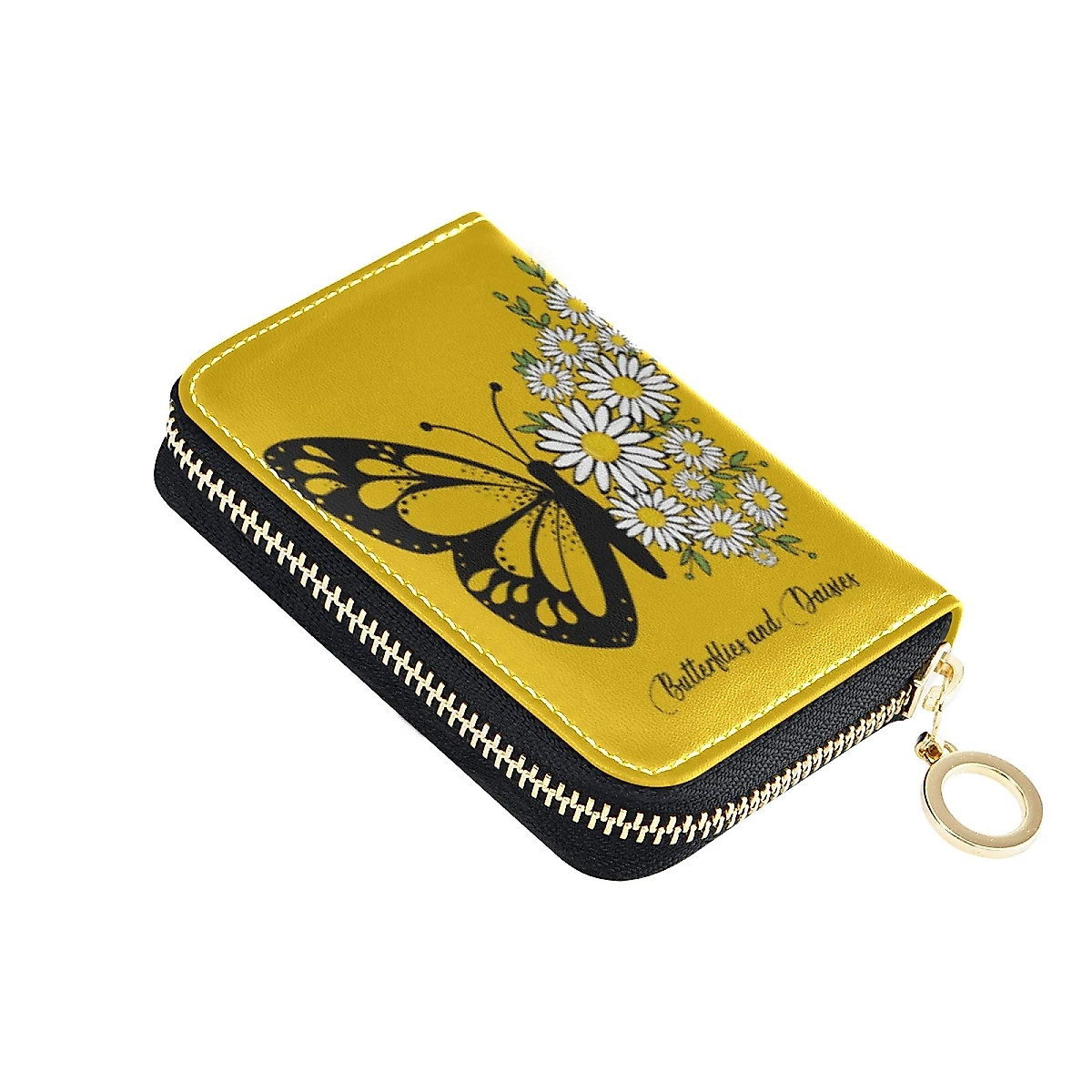 MOYYO RFID Credit Card Holder Case Beautiful Butterfly Daisy Flowers Leather Printed Zipper Card Case Wallet for Women Girls