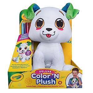 Crayola Deluxe Color ‘N Plush Puppy, 10” Stuffed Animal - Draw, Wash, Reuse – with 2 Ultra-Clean Washable Fine Line Markers, 1 Ultra-Clean Washable Broad Line Marker, 1 Washable Stamp Marker