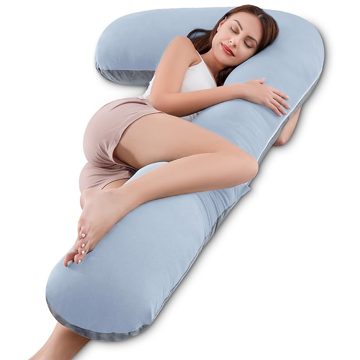AngQi Body Pregnancy Pillow,L-Shaped Pregnancy Pillow for Side Sleepers,Maternity Body Pillow with Velvet & Jersey Cover, Gray＆Blue
