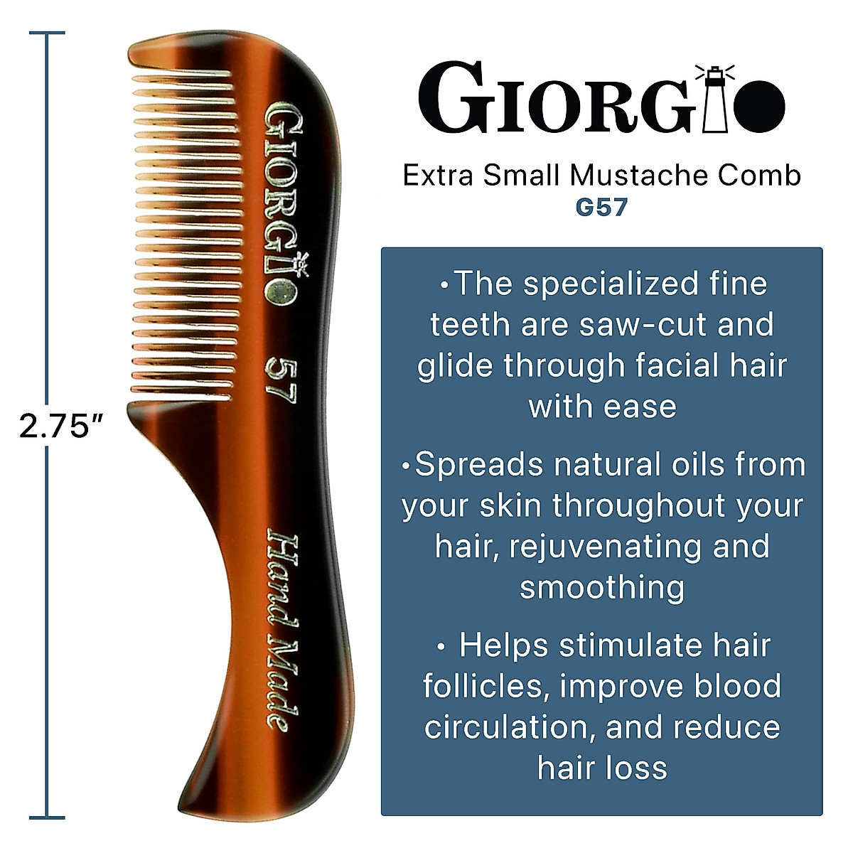 Giorgio G57 Extra Small Men's Fine Tooth Beard and Mustache Comb for Facial Hair Grooming and Styling. Wallet Pocket Comb Beard Comb for Men, Handmade, Saw-Cut and Hand Polished (2.75")