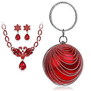 Round Clutch tassel Purse Women Crystal Evening Bag for Wedding Party Women's Ball Shape Crystal Evening Clutch Purse Wedding Party HandBags With Necklace Earrings Set (Red)