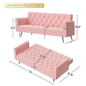 DAMAIFROM 71" Velvet Futon Sofa Bed, Modern Convertible Sleeper Sofa Loveseat, Tufted Futon Couch with Metal Legs for Small Living Room Office Bedroom, Pink
