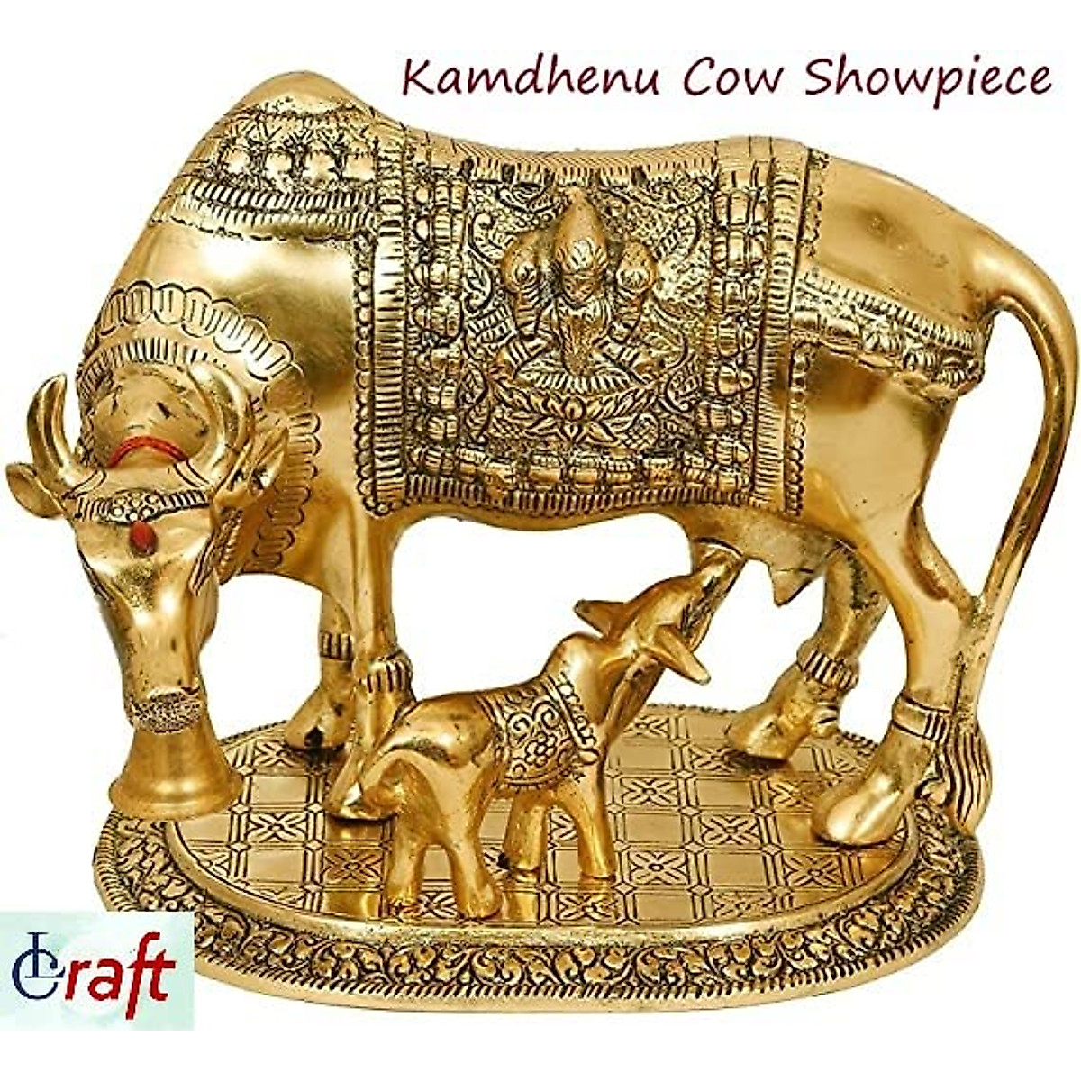 LCRAFT Brass Murti Kamdhenu Cow & Calf | Nandi Cow Decorative Showpiece | Cow with Calf Statue Idol for Diwali II Wedding II Pooja Room II Temple II Gifting | Gold and Silver (14 x 8 x 12.5 cm