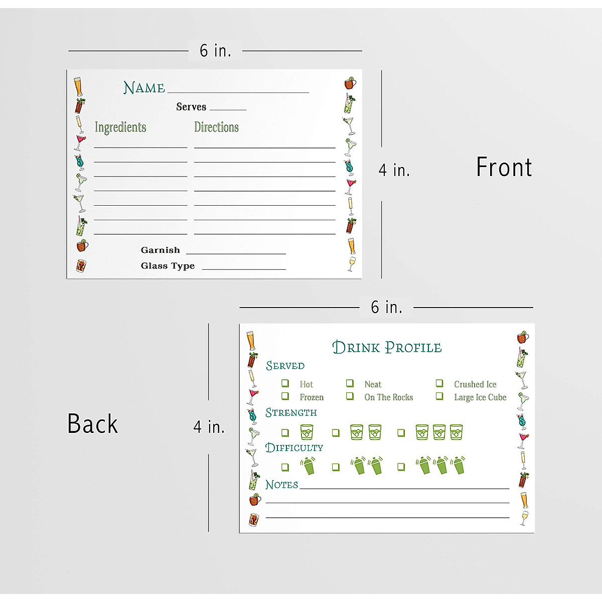 Cocktail Recipe Cards, 4x6 Inches, 50 Fill-in-the-Blank Cards for Recipe Box (Watercolor Border)