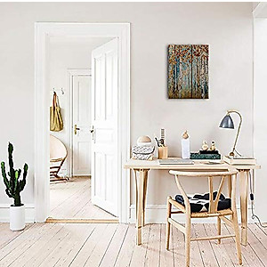 Canvas Wall Art Yellow Tree Forest Landscape Picture Prints, Rustic Modern Birch Trees Nature Woods Abstract Painting Artwork 12"x16" Wood Gallery and Framed for Home Office Living Room Bedroom Decor