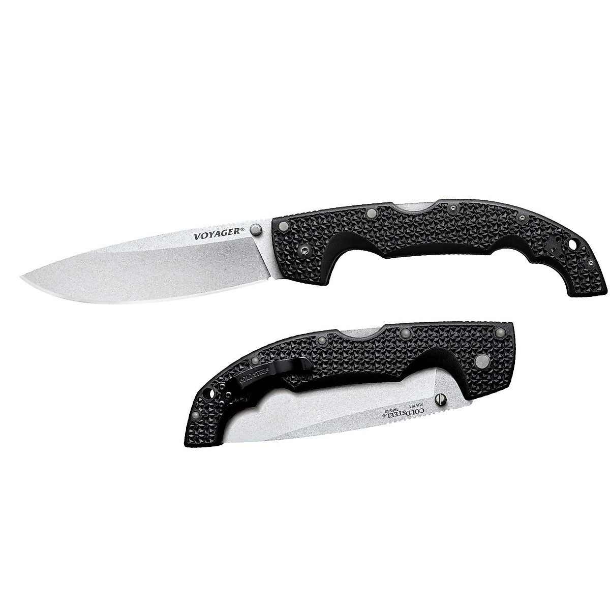 Cold Steel Extra Large Drop Point Voyager / 12 1/4" Overall / 5 1/2" Blade / 4MM Thick / 6 3/4" Long GRIV-EXHANDLE / AUS10A Steel/Ambi Belt Clip/Blister Packed,Black