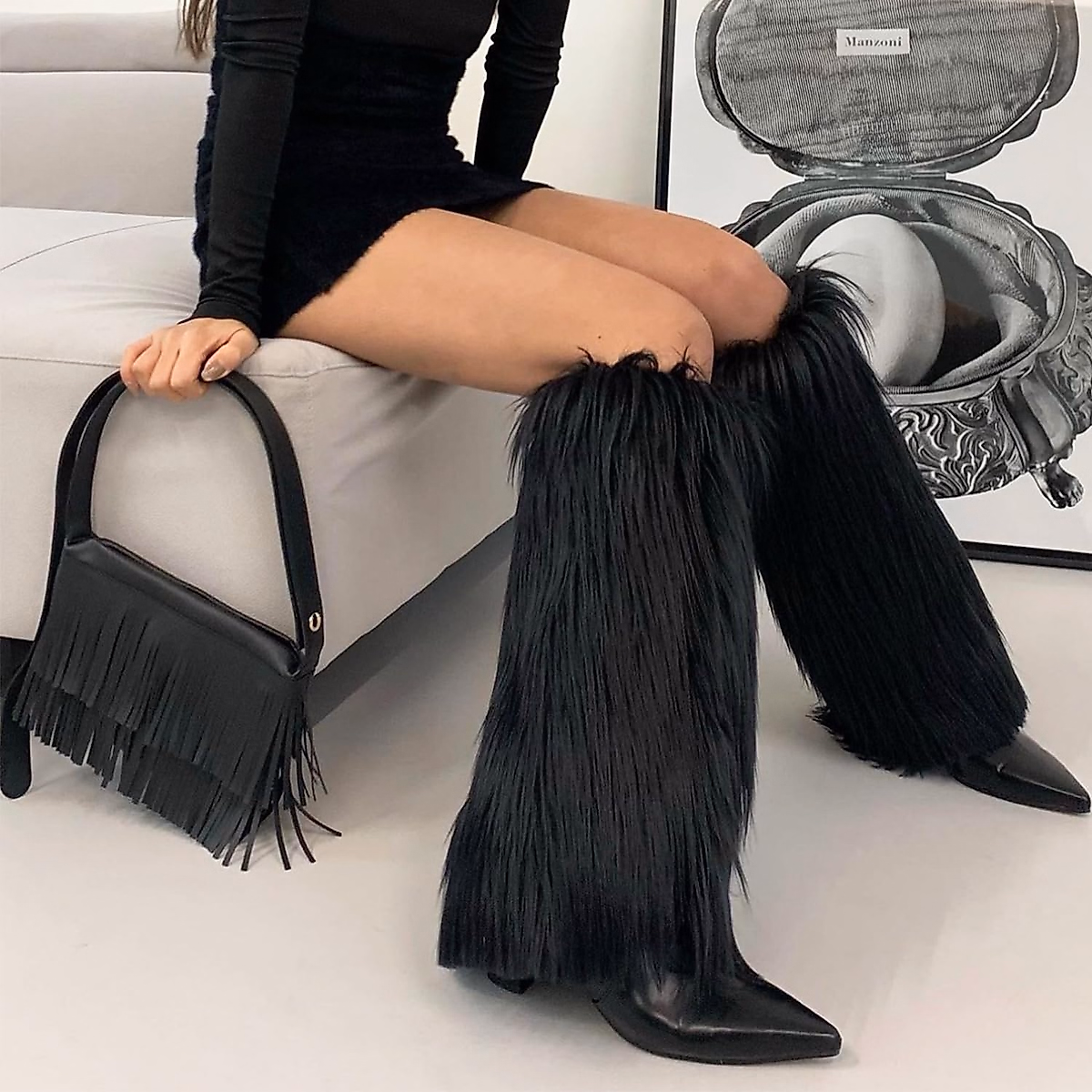 OSPNIEEK Fur Leg Warmers, Furry Leg Warmers for Womens, Faux Fluffy Leg Warmer, Soft Fuzzy Leg Warmer Boot Cuffs Covers for Winter Warm, Christmas, Halloween, Cosplay Party (Black)