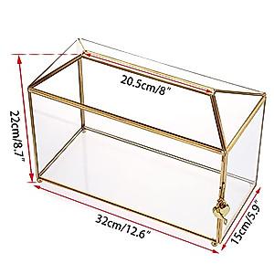 ELLDOO 12.6" Gold Glass Wedding Card Box with Heart Lock, Glass Gift Boxes, House Shape with Feet Clear Terrarium Planter for Wedding Receptions, Centerpiece Decor, Keepsake, Gift Display Box, Large Size