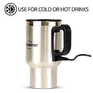 Koolatron 12V USB Insulated Travel Mug with Heater, 500 mL (17 oz), Silver and Black Stainless Steel for Car, SUV, Truck, Office, Home, Dorm